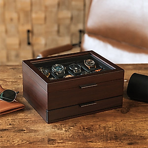 CASE ELEGANCE Monogrammed 8 Slot Watch Box Case Organizer for Men, Cherry Wood Walnut Finish, Watch Display Case, Modular Valet Tray, Compatible with Apple Watch Stand, Accessory Drawer, Pillow Stands