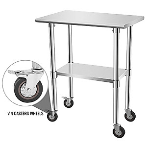 KODOM Food Prep Stainless Steel Table 30" x 18", Heavy Duty Workbench with Adjustable Under Shelf, Commercial Worktable with 4 Casters for Commerical Kitchen, Restaurant, Home and Hotel