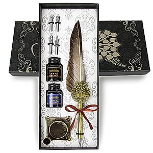 TIANREN Feather Pen and Ink Set,quill pen ink set,Antique Calligraphy Pen with 4 Replaceable Nibs,2 Bottle of ink,Pen Holder Christmas Gift for Men&Women.(Gray)