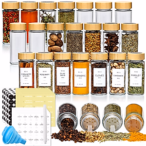 NETANY 24 Pcs Spice Jars with Bamboo Lids - 4 oz Round Glass Spice Jars with Labels , Minimalist Farmhouse Spice Labels Stickers, Collapsible Funnel, Seasoning Bottles for Spice Rack, Cabinet, Drawer