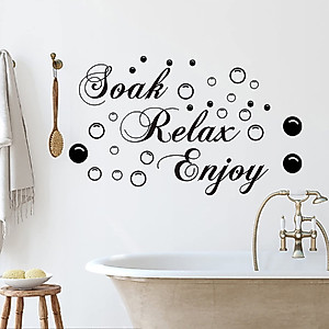 Bathroom Wall Stickers, Black Soak Relax Enjoy Quotes Stickers with Bubble Decals, Beautiful Wall Art Words Peel and Stick Stickers for Home Bathroom Decor