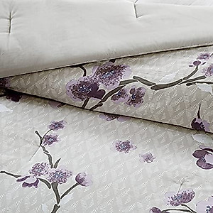 Madison Park Cozy Comforter Nature Scenery Design - All Season Bedding, Matching Bed Skirt, Decorative Pillows, Holly, Floral Purple/Taupe Queen(90"x90") 8 Piece