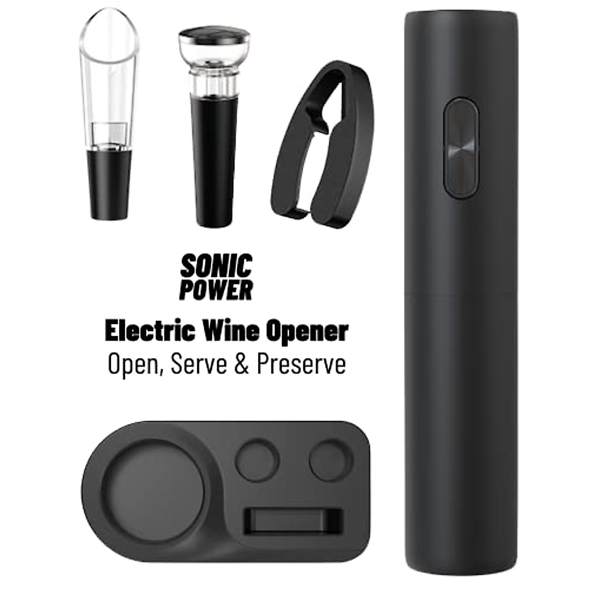SonicPower Electric Wine Opener Set, Uncork without Effort, Open Serve & Preserve Attachments, Battery Operated, Sleek Black Finish