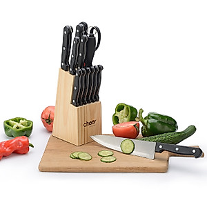 Cheer Collection 13-Piece Stainless Steel Knife Set with Wooden Block | Premium Steak, Paring, Carving, and Butcher Knives with Kitchen Shears | Razor Sharp, Ergonomic Grip