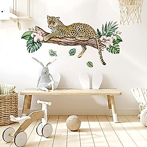 Yovkky Cheetah Leopard Wall Decals Stickers, Safari Jaguar Trunk Palm Leaves Home Bedroom Decor, Wild Jungle African Animal Tropical Flower Living Room Kitchen Decorations Art