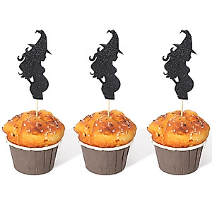 12pcs Halloween Witch Baby Shower Cupcake Toppers - Cauldron Witch Gender Reveal Party Decorations, Halloween Boy or Girl Cupcake Toppers