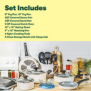 BELLA Nonstick Cookware Set with Glass Lids - Aluminum Bakeware, Pots and Pans, Storage Bowls & Utensils, Compatible with All Stovetops, 21 Piece, White