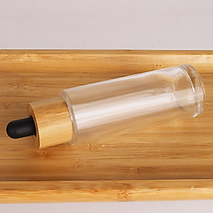 COSIDEA 6 PCS empty 60ml / 2 oz clear glass bottles with wood bamboo dropper lids for serum and essential oil, DIY cosmetics oils containers, travel perfume droppers bottle container