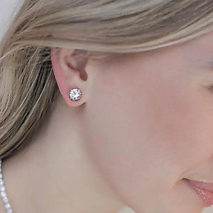 Women's 14K White Plated CZ Stud Earrings Simulated Diamond Round Cubic Zirconia Ear Stud Set（5 Pairs)