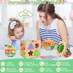 Kizfarm 8-in-1 Activity Cube Wooden Montessori Toys for 1+ Year Old, Bead Maze Shape Sorter Developmental Learning Toys, Bonus Sorting & Stacking Toys for 12M+ Toddlers, Gift Packaging