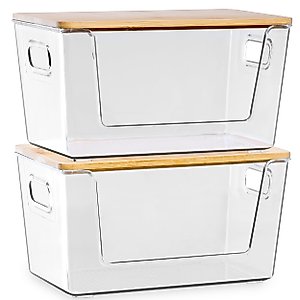 Citylife 2 PCS Small Stackable Storage with Bamboo Top Acrylic Trash Bag Dispenser Open Laundry Room Organizer with Handle