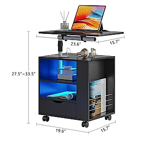 HNEBC LED Nightstand with Wireless Charging Station,Nightstand Has Adjustable Rotary Table,Bedside Tables with One Drawer and 2 Mezzanines/Infrared Induction 3 Color Lighting (On The Right)
