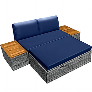 Greesum Outdoor Daybed Set Multifunctional Wicker Lounge Bed Furniture with Two Side Tables, Cushions, Storage Bench for Porch Lawn Patio Beach, Onesize, Blue