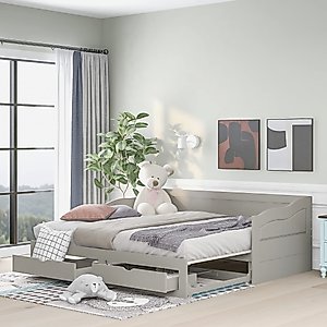 CITYLIGHT Twin to King Daybed with Storage Drawers, Wood Extendable Daybed with Trundle, Kids Sofa Bed Frame for Bedroom Living Room, No Box Spring Needed (Twin to King, Gray)