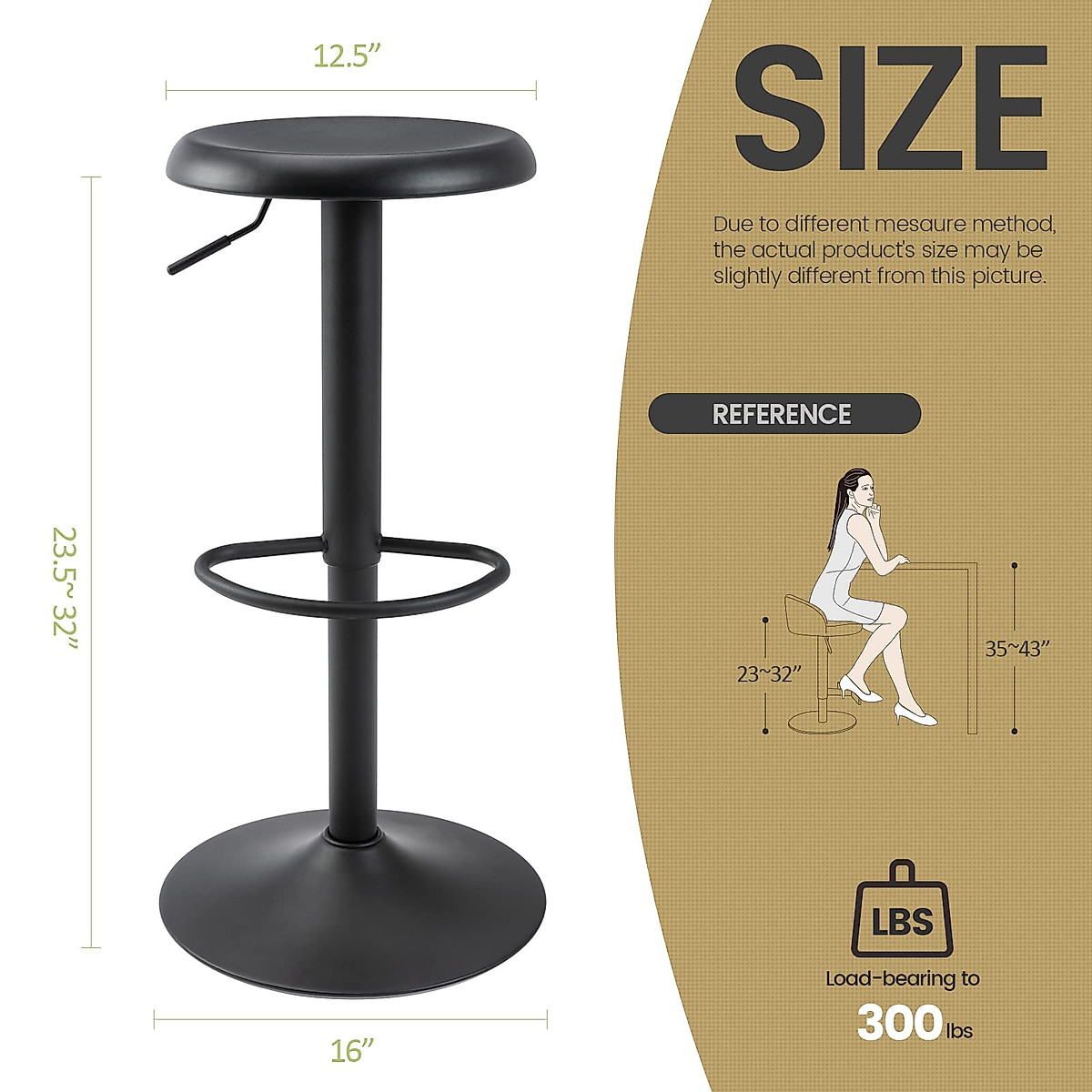 Brage Living Adjustable Bar Stool, Swivel Round Metal Airlift Barstool, Backless Counter Height Bar Chair for Kitchen Dining Room Pub Cafe, 1 pc (Black)