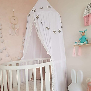 LOAOL Kids Bed Canopy with Lace Sheer Chiffon Hanging Canopy Net for Baby Crib Nook Castle Game Tent Nursery Play Room Decor (White)
