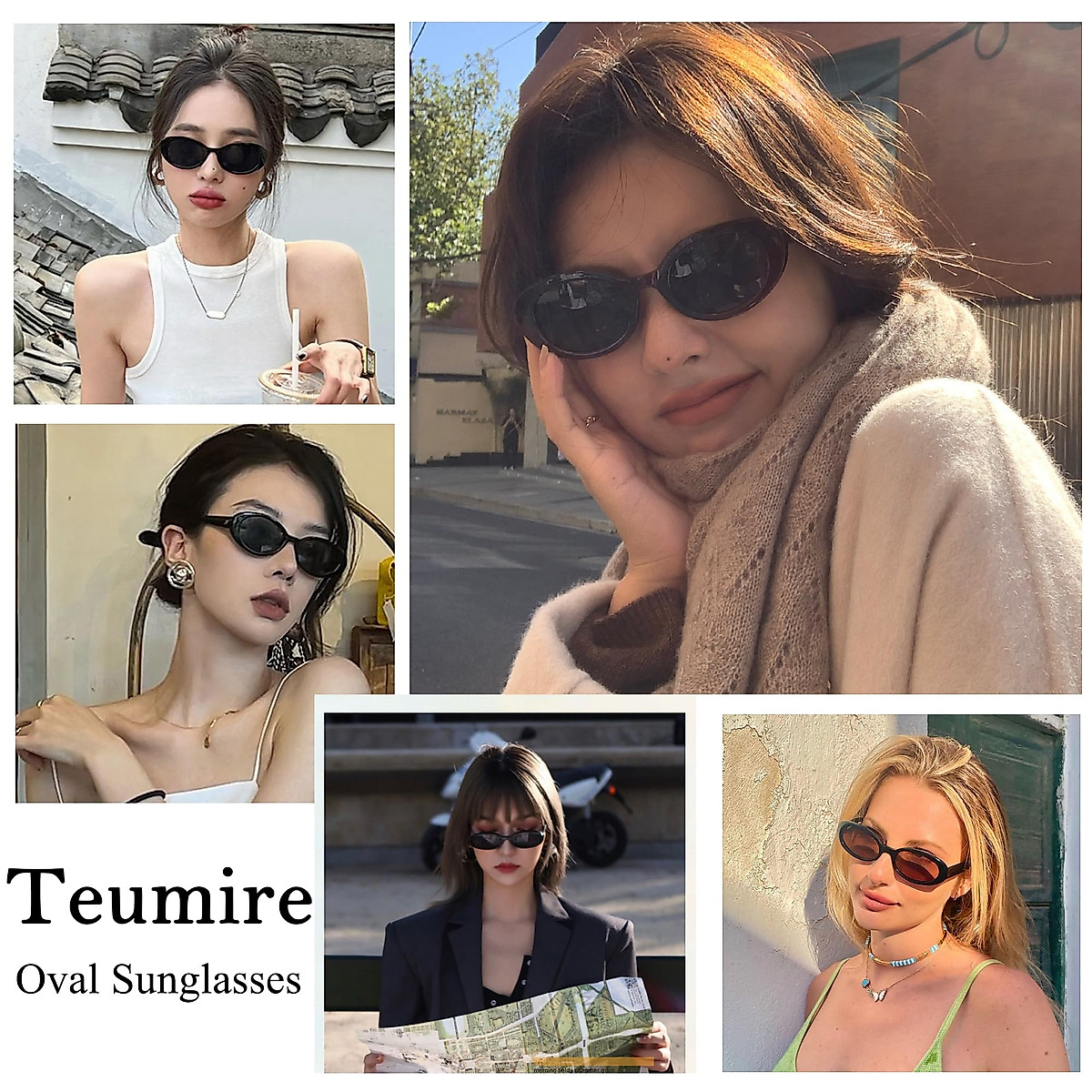 Teumire Retro Oval Sunglasses for Women Men 90s Style Vintage Small Sun Glasses UV400 Protection Shades(Black)