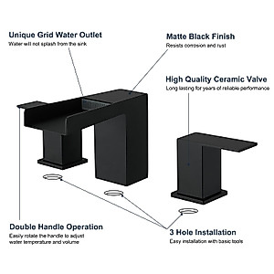Kroias 8 Inch Widespread Matte Black Bathroom Faucet Waterfall Bathroom Sink Faucet, 2 Handle Bathroom Faucet for Sink 3 Hole Vanity Sink Faucets with Pop-up Drain & cUPC Supply Lines