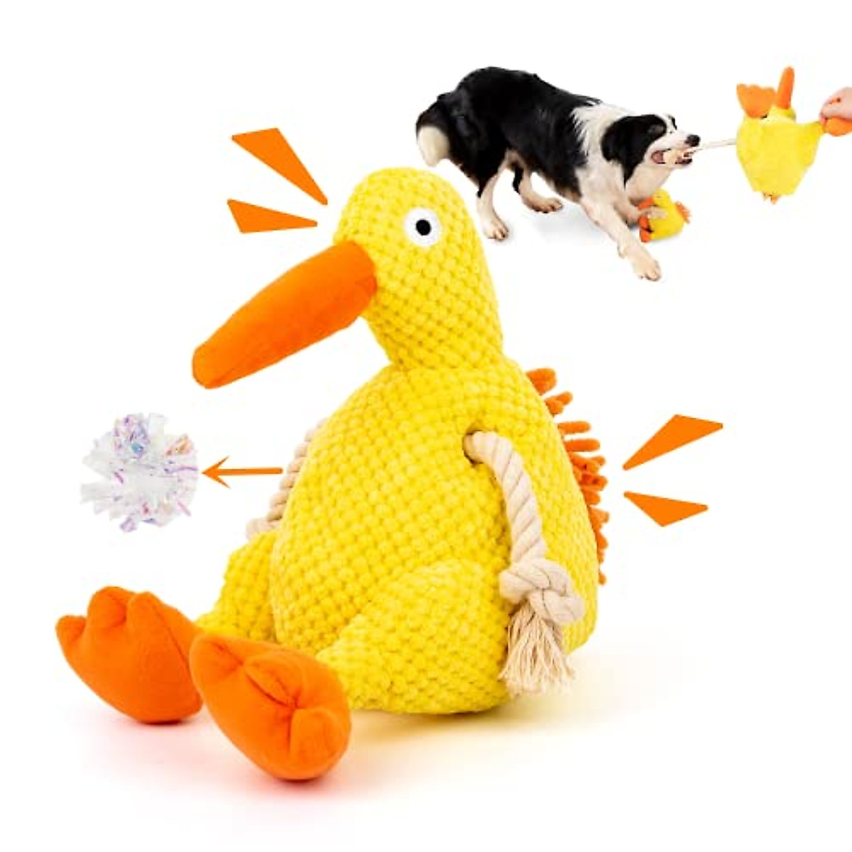 Suertree Squeaky Dog Toys for Aggressive Chewer, Interactive Dog Toys for Medium, Large Dogs, Duck, Chicken, Bird Dog Plush Toys, Dog Birthday Toy with Crinkle Paper, Dog Rope Toys, Dog (Large)