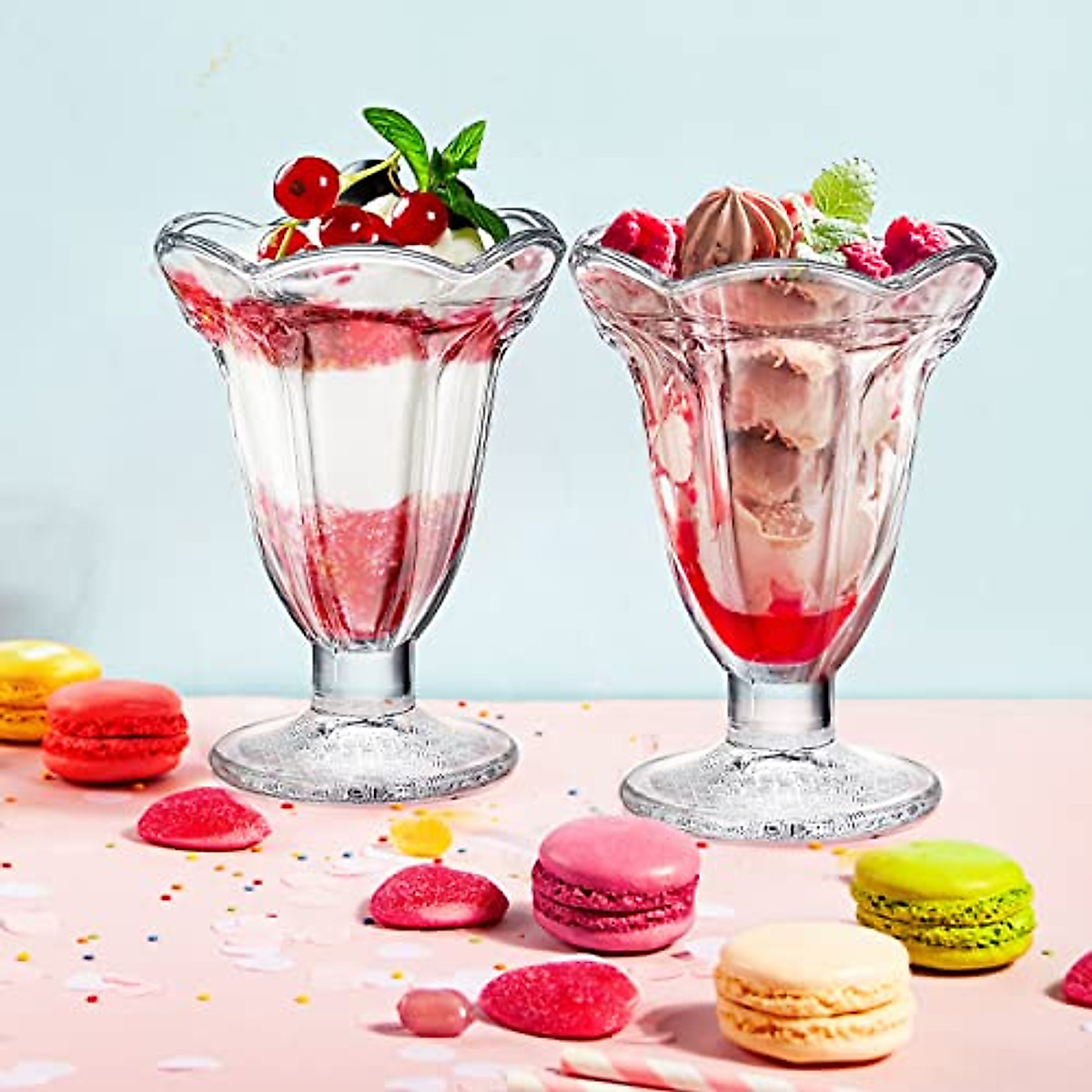 ZENFUN 6 Pack Glass Tulip Sundae Cups, 6.7 Ounce Clear Milkshakes Footed Ice Cream Cups Dessert Bowls Set for Sherbet Trifle, Fruit, Salad, Snack, Cocktail