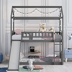 House Bunk Beds with Slide Twin Over Twin Floor Bunk Bed Frame Wood Playhouse Bunkbed with Storage for Kids Toddlers Girls/Boys, Gray