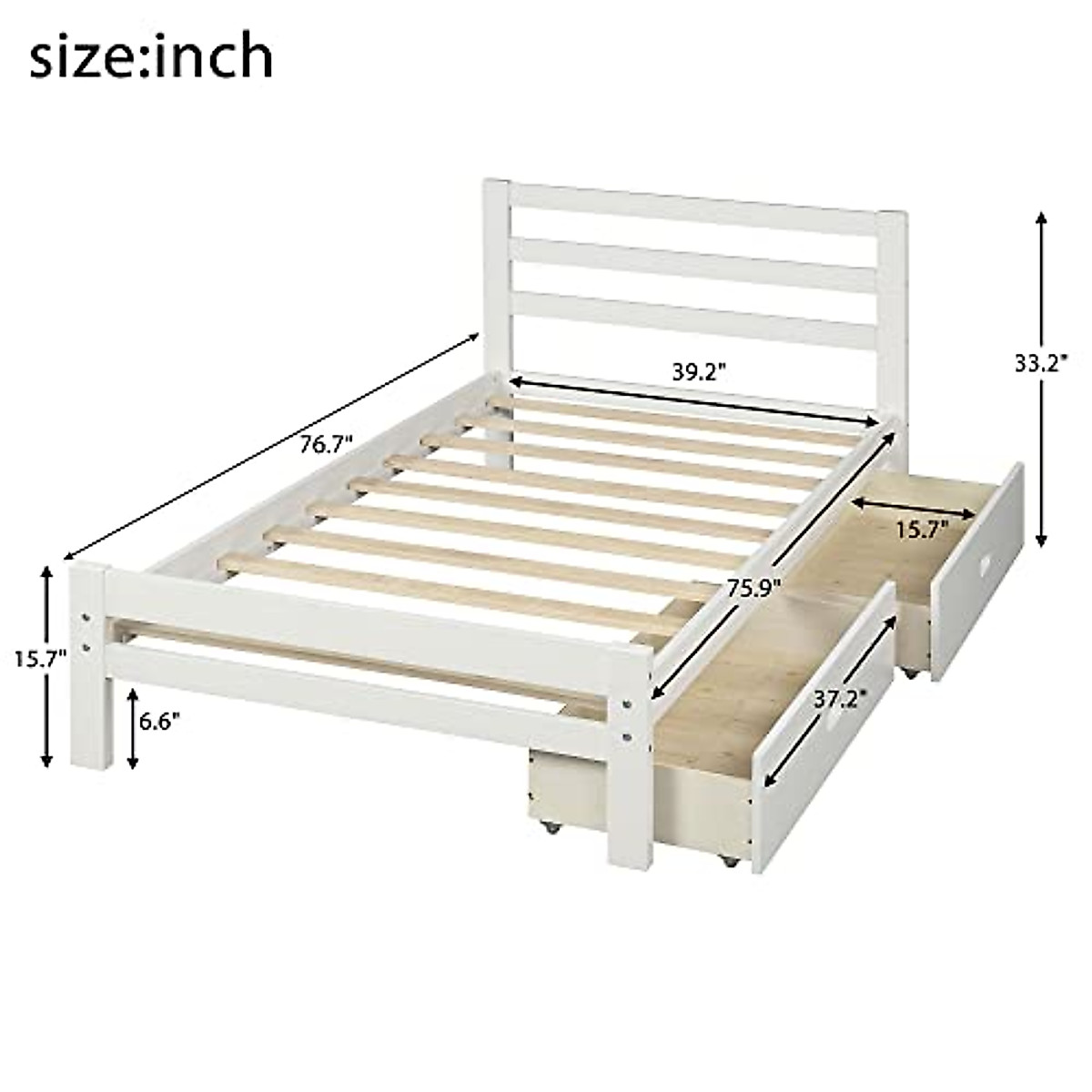 CNANXU Twin Bed Frame with Headboard and Storage Drawers, Wood Platform Bed Frames with Wooden Slat Support, No Box Sping Needed, Mattress Foundation, Easy Assemble - Twin Bed Frames (White)