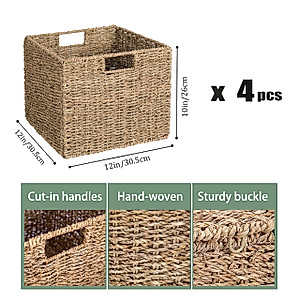 12x12x10in Seagrass Storage Baskets Set of 4, Large Wicker Storage Basket, Decorative Seagrass Shelf Basket, Pantry Baskets Organization,Folding Storage Cube Bins