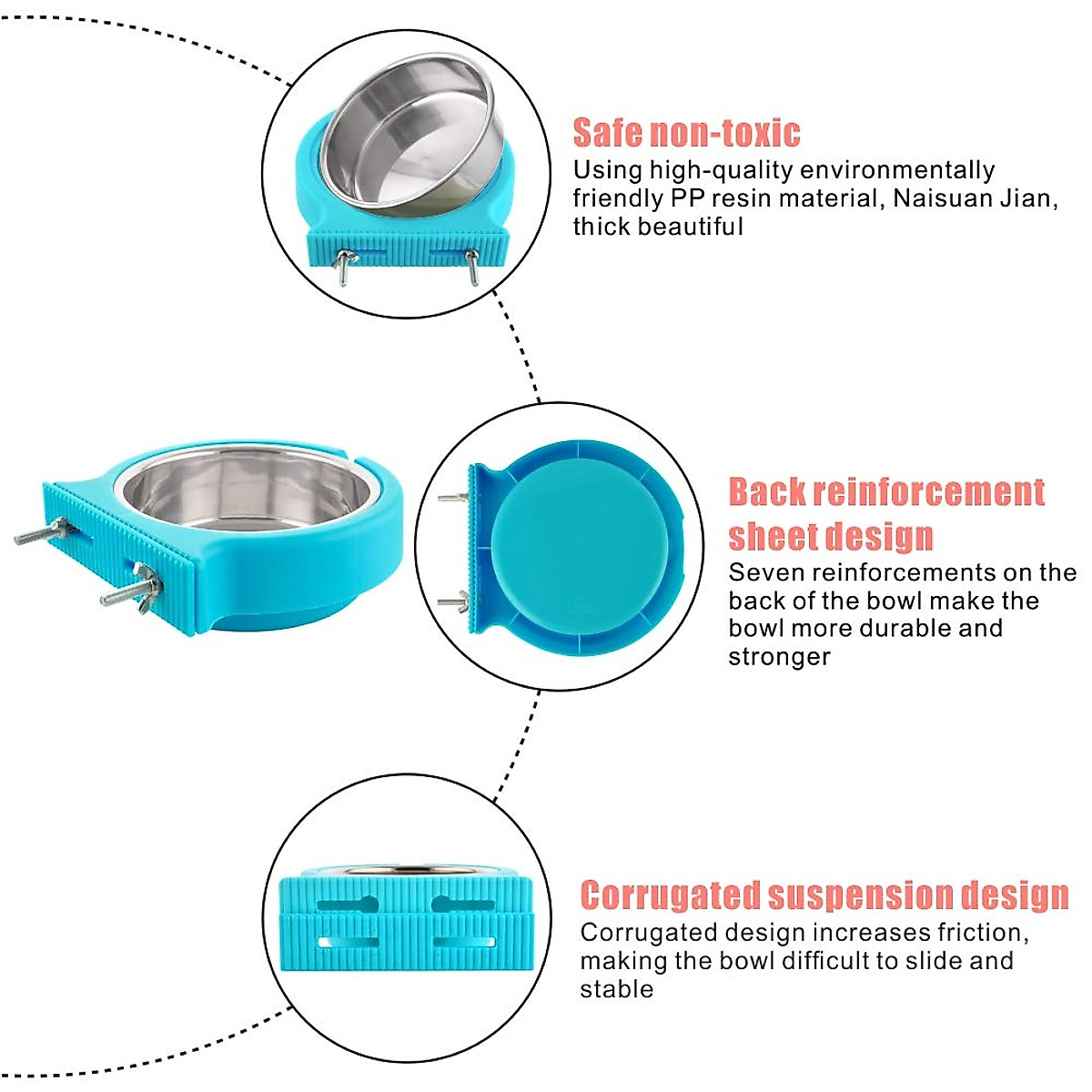 Crate Dog Bowl Removable Stainless Steel Water Food Feeder Bowls Cage Coop Cup for Cat Puppy Bird Pets (Small, Blue with Corrugated Clip)
