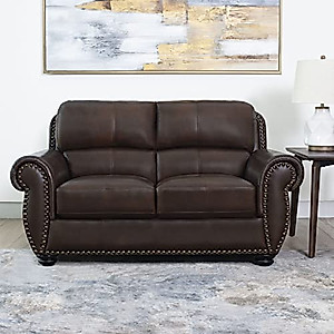 Abbyson Living Austin Leather Loveseat - Traditional Design, Nailhead Trim, Brown