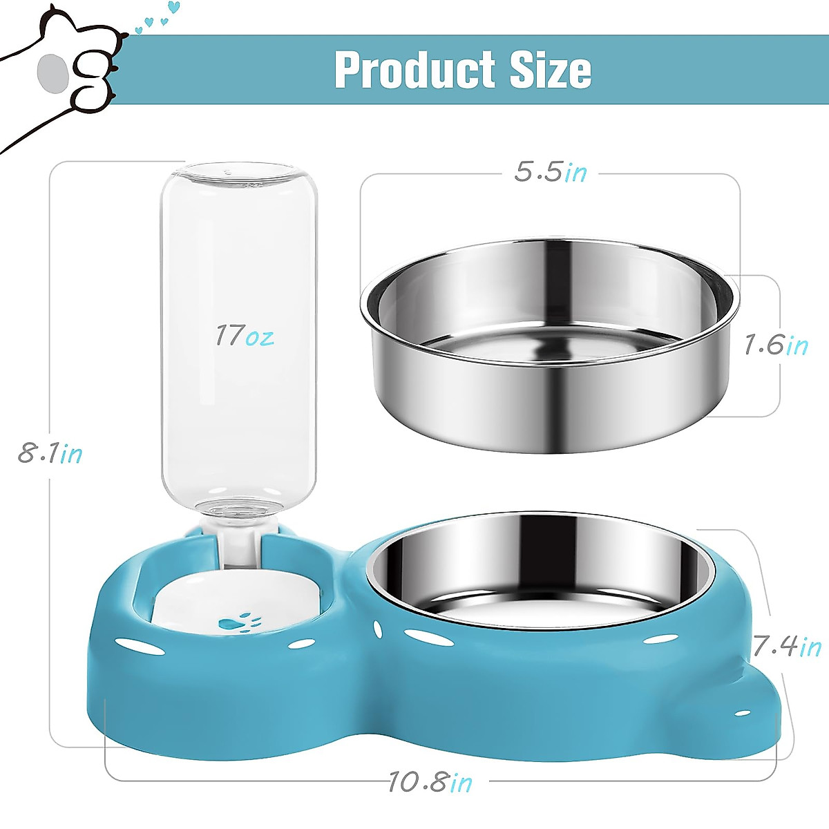Dog Bowls, Cat Food and Water Bowl Set with Water Dispenser and Stainless Steel Bowl for Cats and Small Dogs - Blue