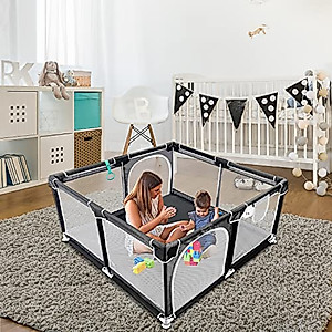 Baby Playpen 50”×50”,Pack N Play,Playard,Baby Gate,Kids Activity Center,Playpen for Babies & Toddlers,Indoor Outdoor(Black)