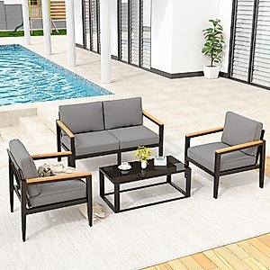 IDEALHOUSE Aluminum Patio Furniture Set,4 Piece Modern Outdoor Conversation Sets with 4 inch Cushion & Tempered Glass Table Outside Furniture Sets Dark Grey