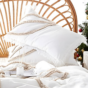 Rvciby Boho Leaf Duvet Cover Queen Size,Soft Microfiber Bedding Set with Tassel and Tufted Pattern,3 Pieces,1 Duvet Cover with Zipper Closure & Corner Ties and 2 Pillow Shams,90 X 90 Inches (White)