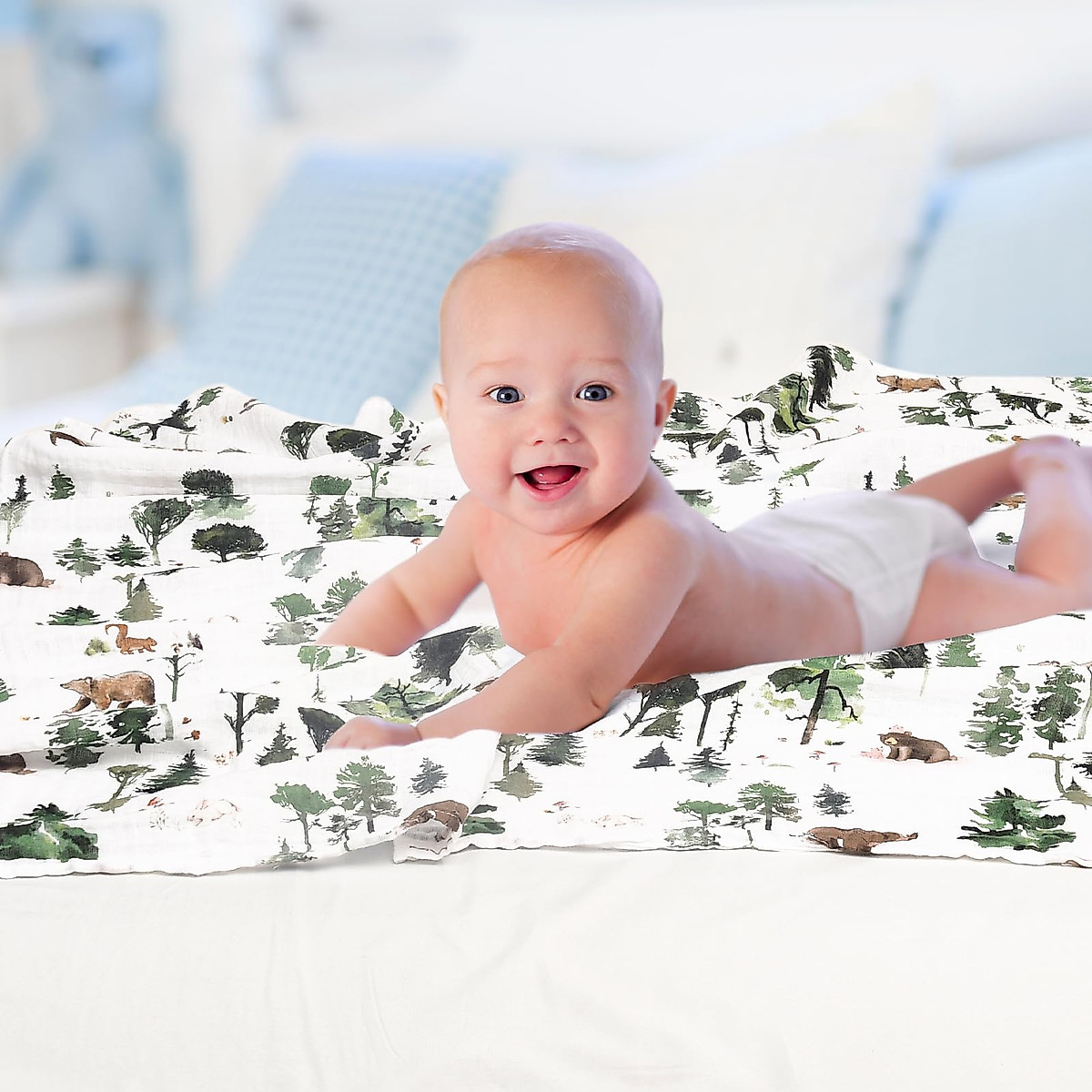 david's kids 4 Pack Baby Muslin Swaddle Blankets, 100% Cotton Swaddling Blankets Wrap for Boys Girls, Ultra Soft Breathable Receiving Blanket, New Born Essentials, Woodland Animals/Green
