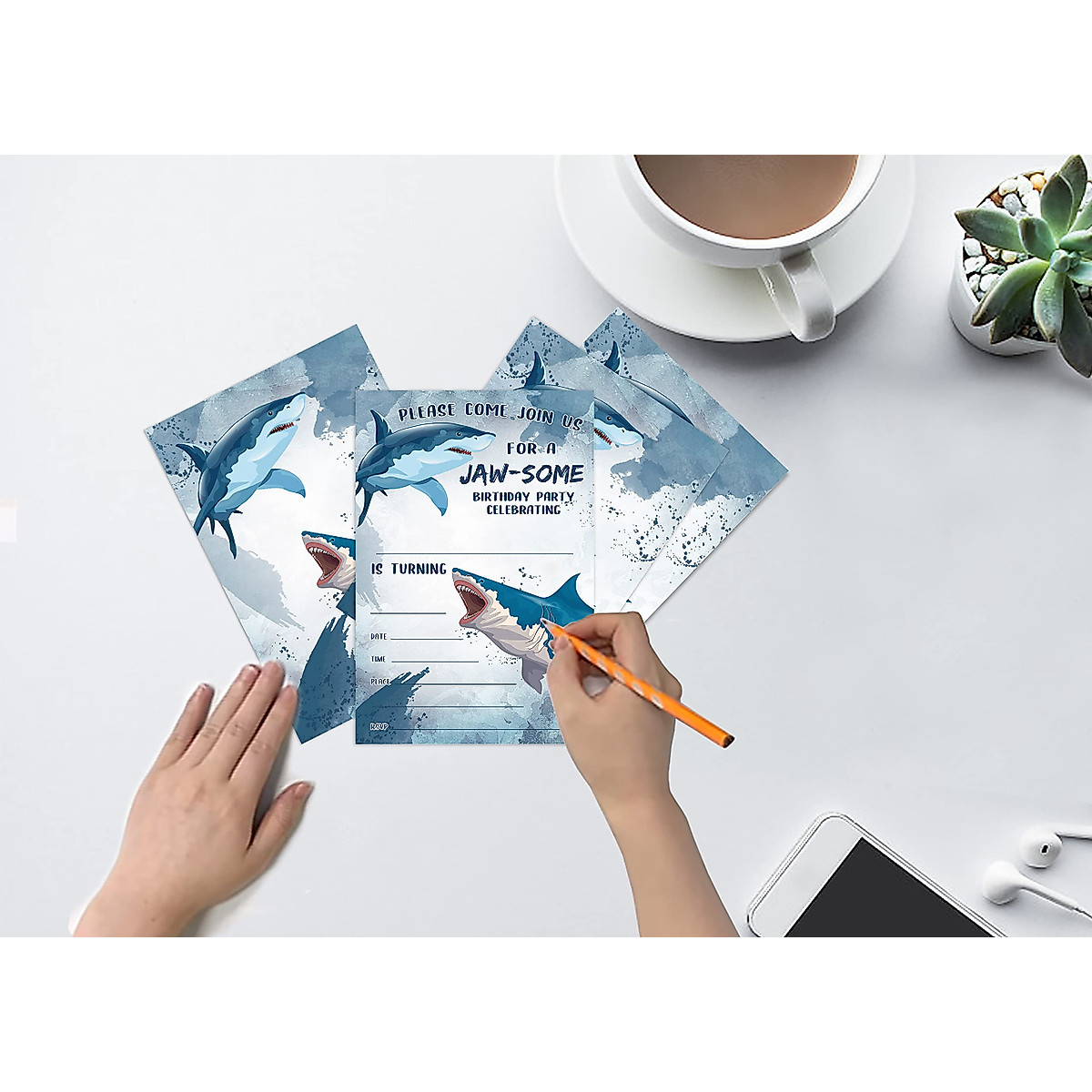 QOFO Ocean Sharks Birthday Party Invitations-Set of 20 With Envelopes,Underwater World Animal Party,Birthday Party Decorations And Supplies-YQC02