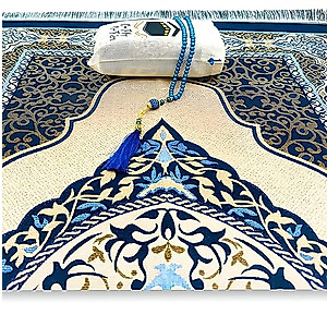 ESERRA Muslim Prayer Rug, 99 Prayer Beads and Prayer Cap Included, Prayer Mats Muslim for Praying Men, Women, and Kids, Prayer Set, Prayer Rugs Islam (Blue)