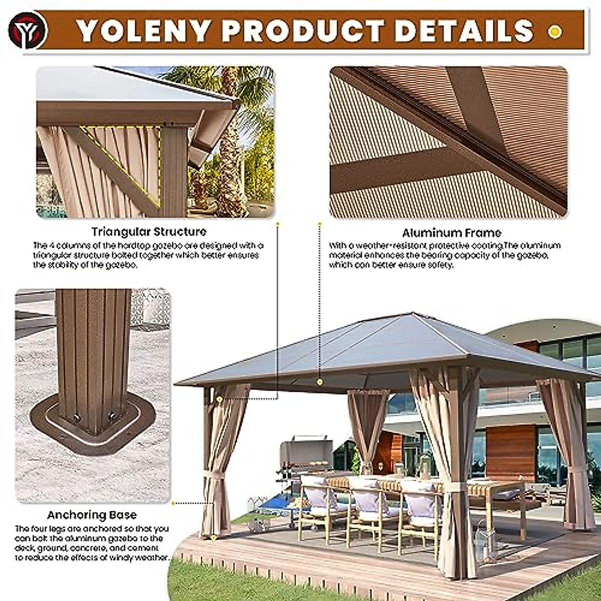 YOLENY 12'x14' Hardtop Gazebo, Outdoor Polycarbonate Roof Canopy, Aluminum Frame Permanent Pavilion with Curtains and Netting, Sunshade for Garden, Patio, Lawns