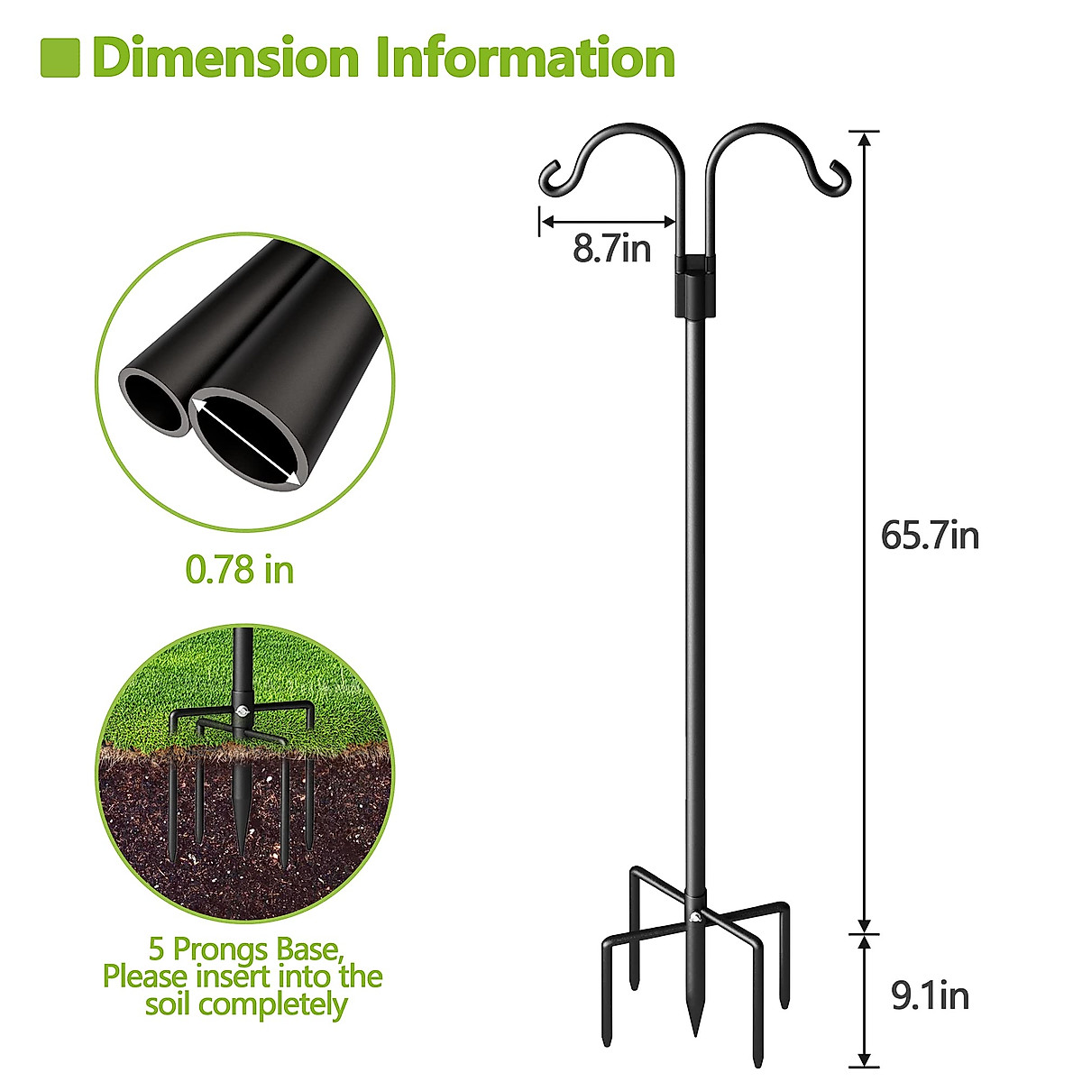 Double Shepherds Hooks for Outdoor, Heavy Duty Bird Feeder Pole with 5 Prong Base, Adjustable Shepards Hook for Outside, Garden, Weddings, Hanging Plant, 2 Pack