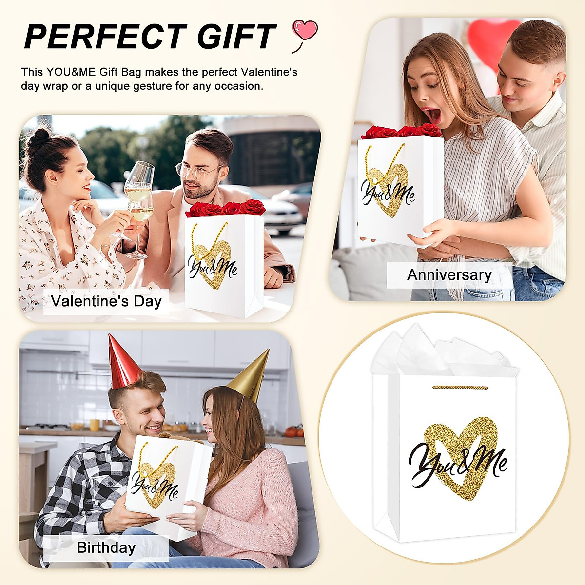 SICOHOME Large Anniversary Paper Gift Bag with Tissue Paper 13" You and Me Valentine's Day Gift Bag with Tissue Paper and Greeting Card for Husband Wife Boyfriend Girlfriend Newlyweds