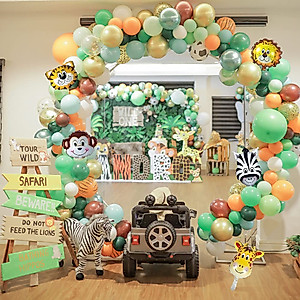 Safari Birthday Decorations, 58PC Wild Jungle Theme Party Supply Animal Balloon Garland Kit Baby Shower Decor for Boy with Monkey Tiger Lion Zebra Reusable Balloon Happy Birthday Banner Tablecloth