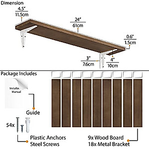 Wallniture Arras Floating Shelves for Wall Decor, 24" Bookshelf for Living Room Decor, Kitchen Organization and Storage Shelves, Bedroom Wall Shelf Set of 9, Walnut