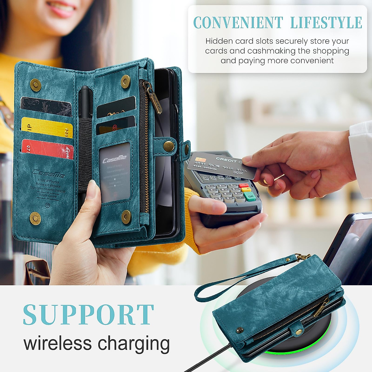 Kowauri for Samsung Galaxy Z Fold 5 Case,Zipper Purse Magnetic Folio Leather Wallet Case with S Pen Holder Wrist Strap Card Holder Shockproof Protective Cover for Samsung Galaxy Z Fold 5 5G (Blue)