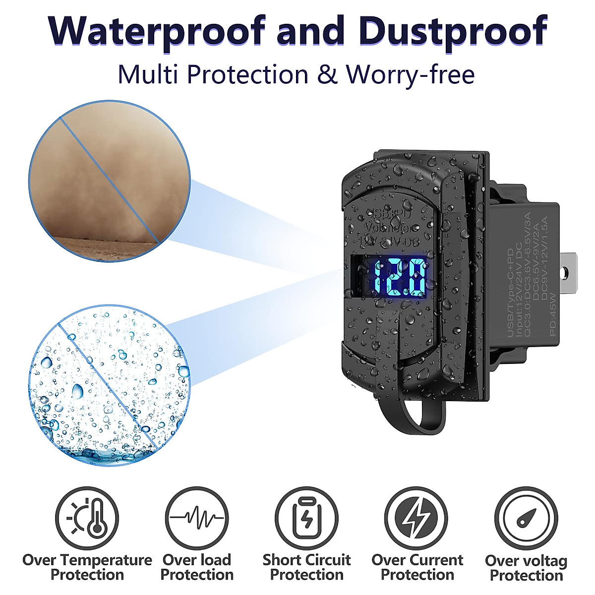 Rocker Style Switch Replacement USB C Car Charger Socket, Dual PD and QC3.0 12V/24V Panel Mount USB Outlet with LED Voltmeter for Boat, Marine, Truck, Bus, Off Road Vehicles, RV, Golf Cart, etc.