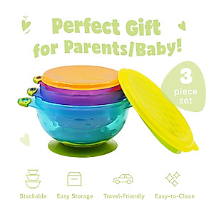 Baby Bowls with Suction - Suction Bowl for Toddlers, Set of 3 Stackable Feeding Bowls with Spill-Proof Lids, Silicone Placemat Bowl
