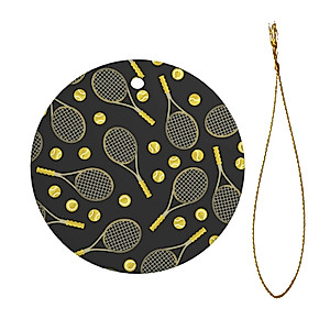 Funny Tennis Racquets and Tennis Balls Print Christmas Tree Ceramic Hanging Round Shaped Xmas Tree Pendants Gatherings Party Deco