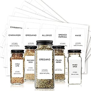 v2croft 160 Preprinted 1.375inch X 2.125inch Minimalist Spice Labels Set w/Extra Black Text on White, waterproof Matte For Jars, Glass Containers & Canisters,- Include an Exclusive Reference sheet