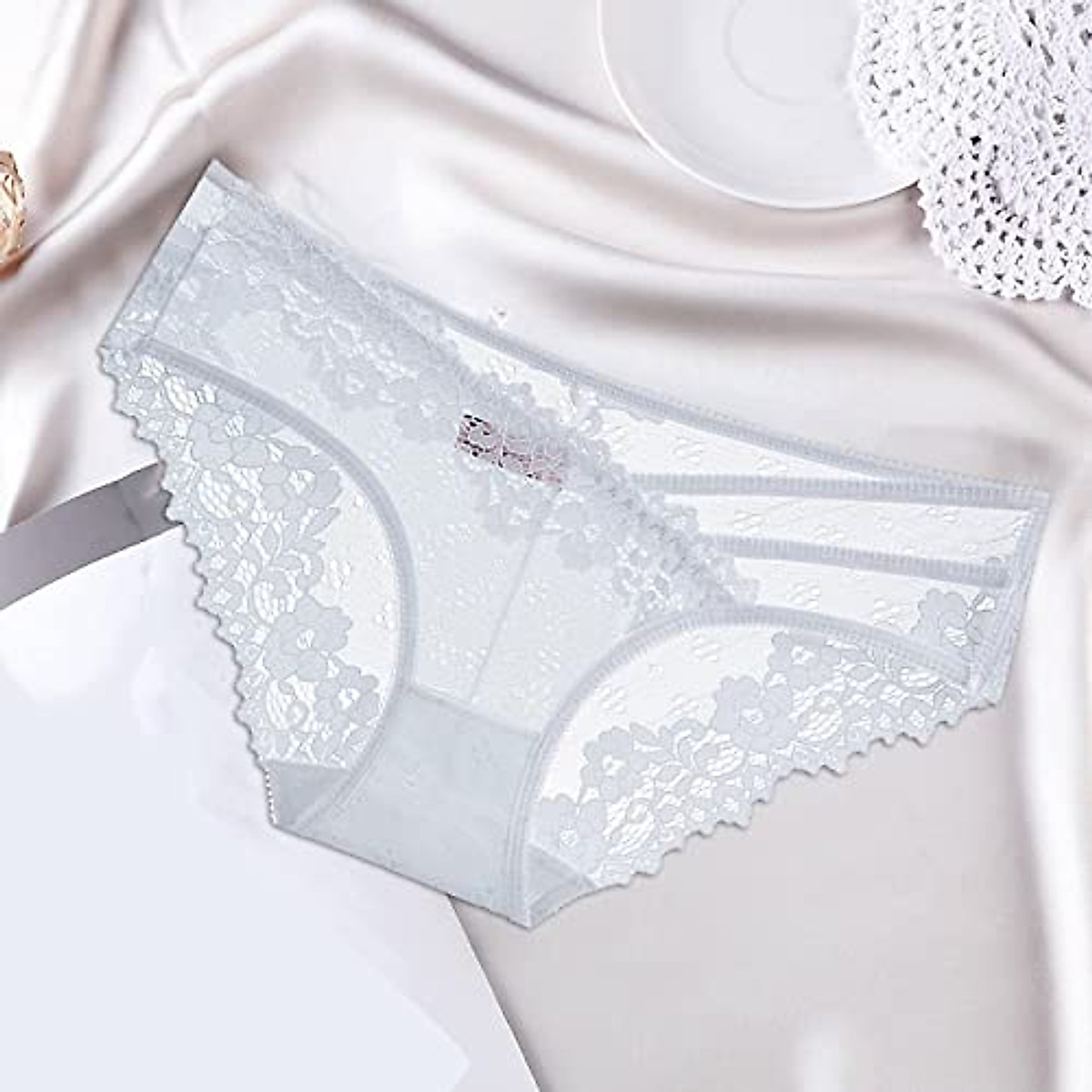 Kinple Women's Lace Mech Brief Sexy See-Through Erotic Panties Fashionable No Trace Underwear Breathable Floral Panty White