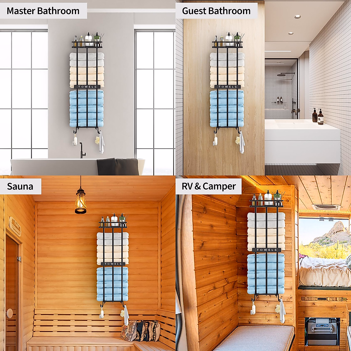 Wall Towel Rack for Rolled Towels, 3 Bars Towel Rack Wall Mounted with Metal Top Floating Shelf & 4 Hooks, Towel Holder for Bathroom Folded Large Towels, Blanket Towel Storage Shelves Organizer, Black