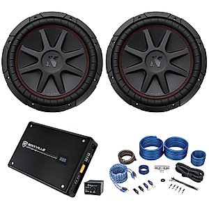 KICKER (2) 43CVR124 COMPVR 800 Watt 12" 4-Ohm DVC Car Stereo Sub Bundle with Rockville RWK41 4 Gauge Complete Car Amp Wiring Kit and Krypton-M2 3000 Watt Peak/750w RMS 1 Ohm Car Audio Amp (4 Items)