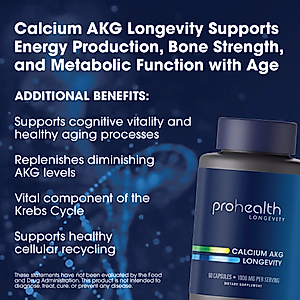 ProHealth, Ca AKG Supplement (Alpha Ketoglutarate) (1,000 mg per 2 Capsule Serving, 60 Capsules). Supports Cellular Energy, Metabolic Function and Healthy Aging Processes.